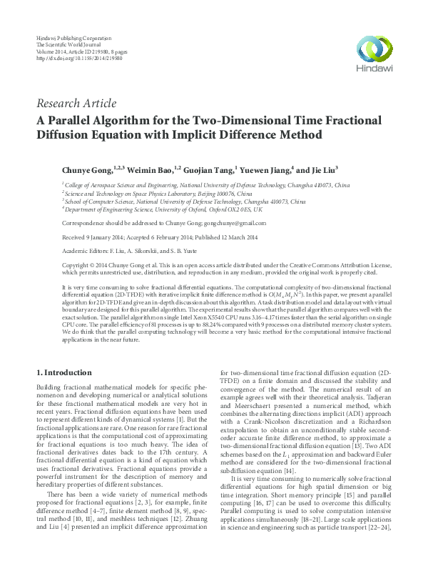 Pdf A Parallel Algorithm For The Two Dimensional Time Fractional Diffusion Equation With