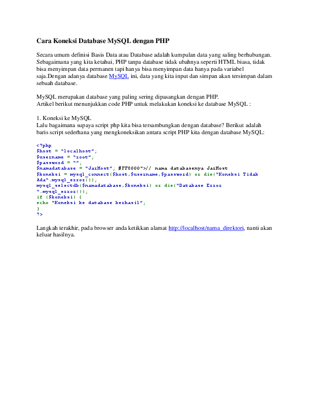 Doc Cara Koneksi Database Mysql Dengan Php Secara Umum Definisi Basis Data Atau Database