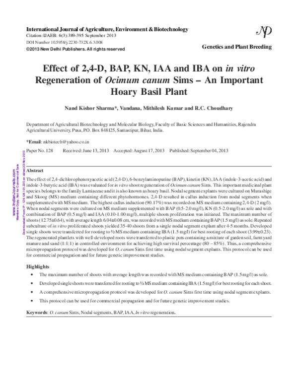 (PDF) Effect of 2,4-D, BAP, KN, IAA and IBA on in vitro Regeneration of Ocimum canum Sims – An ...
