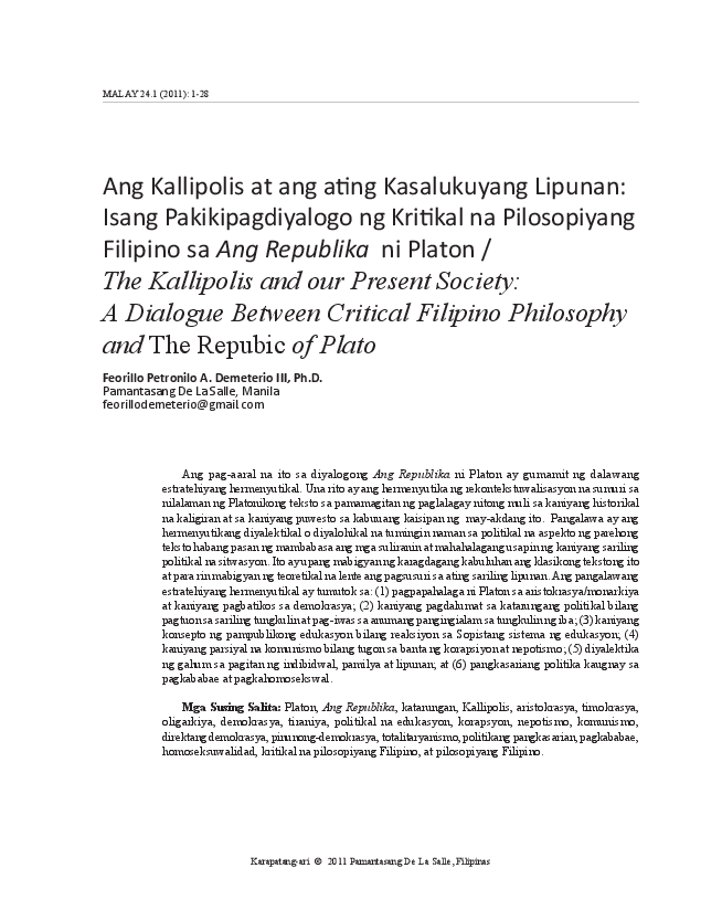 (PDF) Ang Kallipolis at ang ating Kasalukuyang Lipunan: isang ...