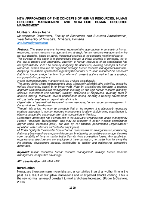 (PDF) NEW APPROACHES OF THE CONCEPTS OF HUMAN RESOURCES, HUMAN RESOURCE ...