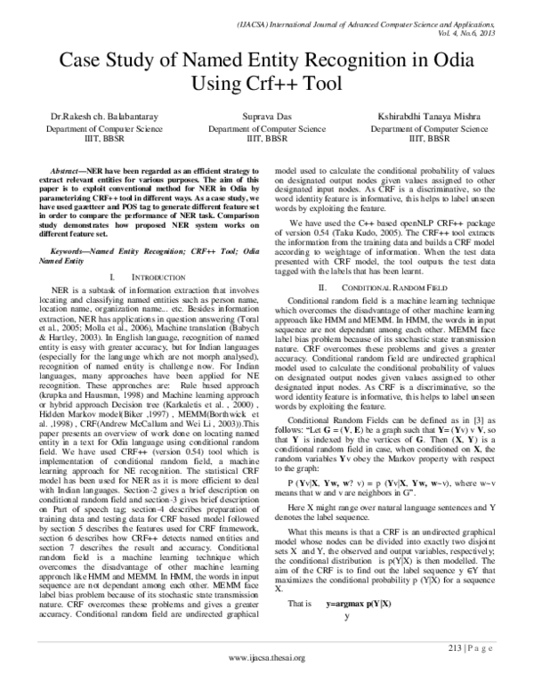 (PDF) Case Study of Named Entity Recognition in Odia Using Crf++ Tool | Suprava Das - Academia.edu