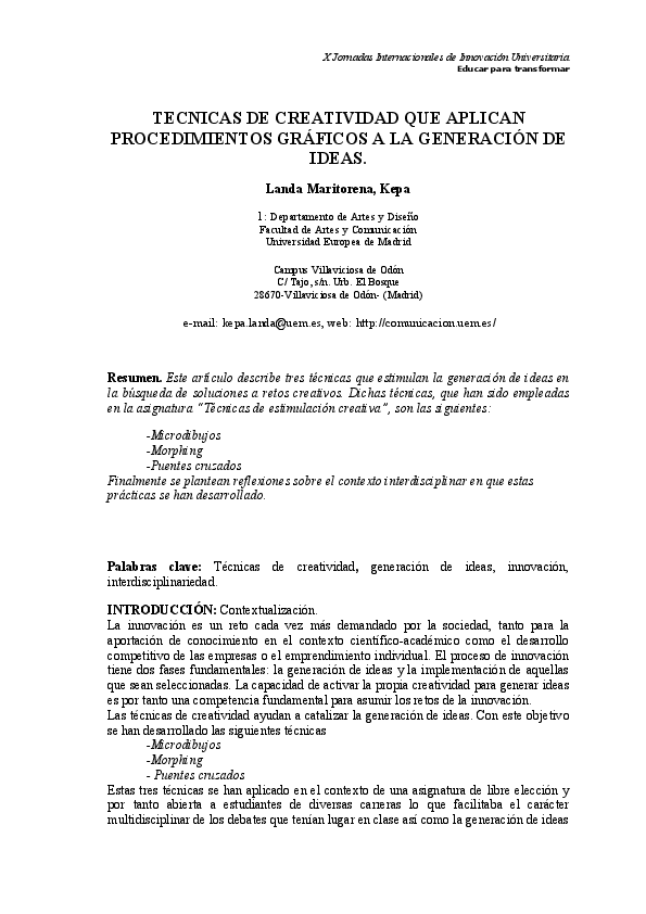 TECNICAS DE CREATIVIDAD QUE APLICAN PROCEDIMIENTOS GRÁFICOS A LA GENERACIÓN DE IDEAS