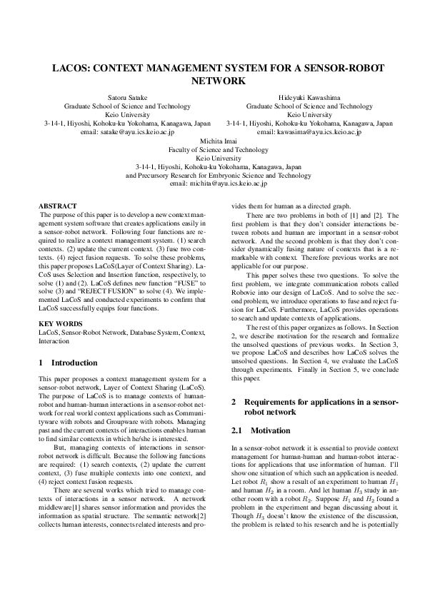 (PDF) LACOS: CONTEXT MANAGEMENT SYSTEM FOR A SENSOR-ROBOT NETWORK