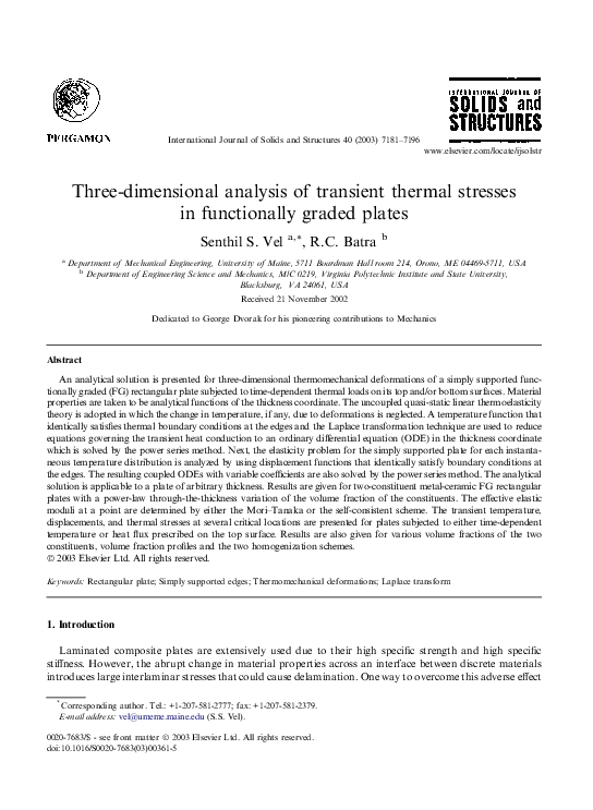 Pdf Three Dimensional Analysis Of Transient Thermal Stresses In Functionally Graded Plates