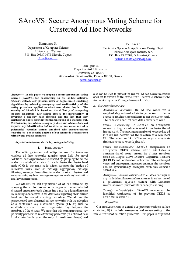 (PDF) SAnoVS: Secure Anonymous Voting Scheme for Clustered Ad Hoc Networks