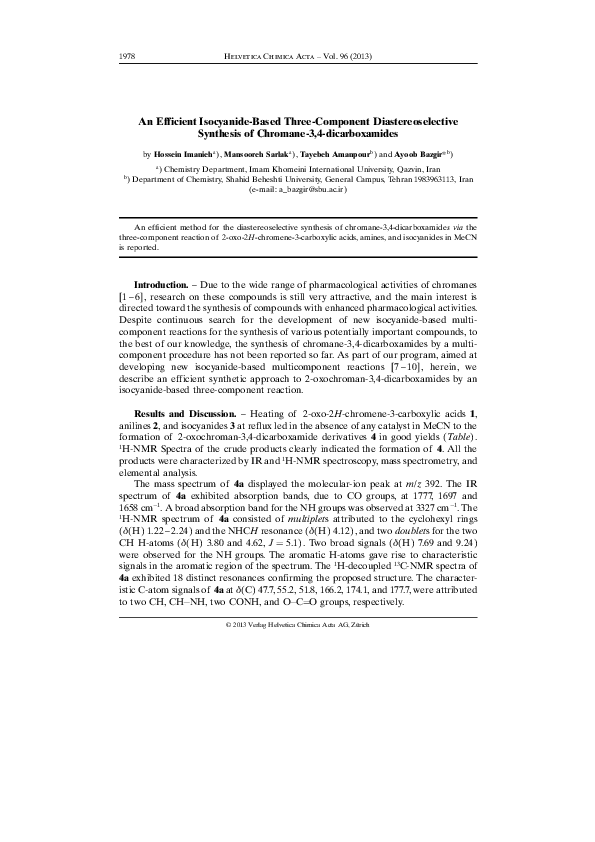 (PDF) An Efficient Isocyanide-Based Three-Component Diastereoselective Synthesis of Chromane-3,4 ...