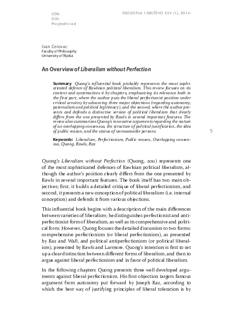 (PDF) An Overview of J. Quong's Liberalism without Perfection
