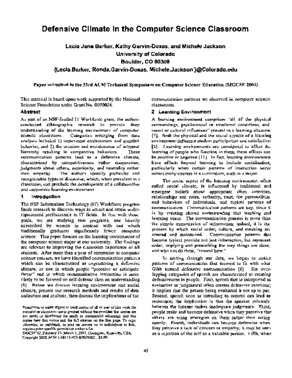 (PDF) Defensive climate in the computer science classroom