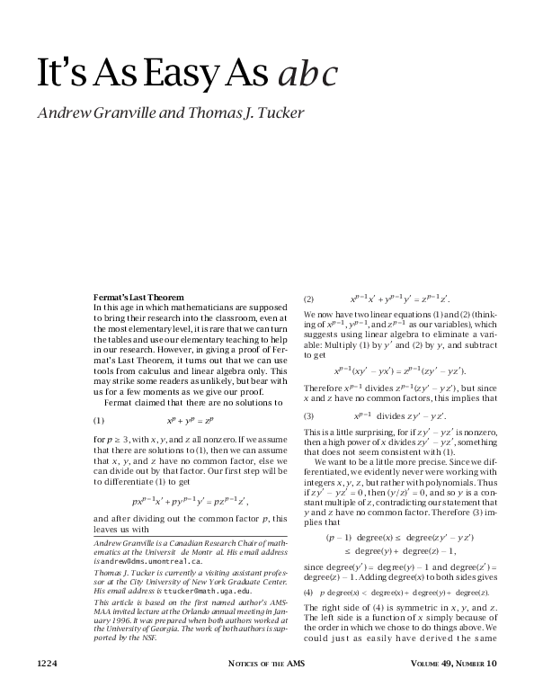 (PDF) It’s As Easy As abc (( Andrew Granville and Thomas J. Tucker ))