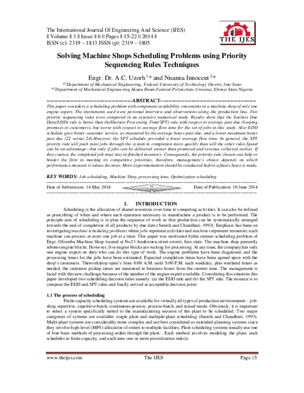 (PDF) Solving Machine Shops Scheduling Problems using Priority Sequencing Rules Techniques