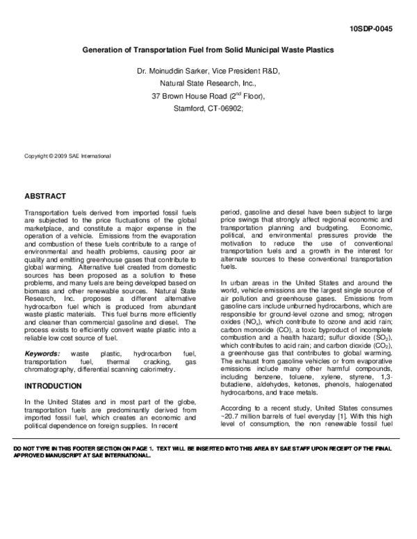 (PDF) Waste Plastic to Fuel Technology | Dr. Moinuddin Sarker, PhD ...