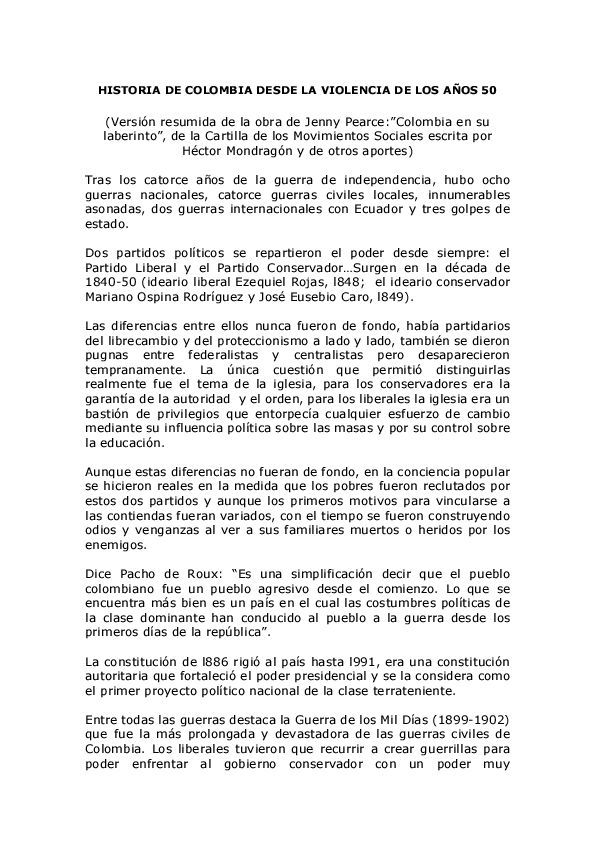 (PDF) HISTORIA DE COLOMBIA DESDE LA VIOLENCIA DE LOS AÑOS 50