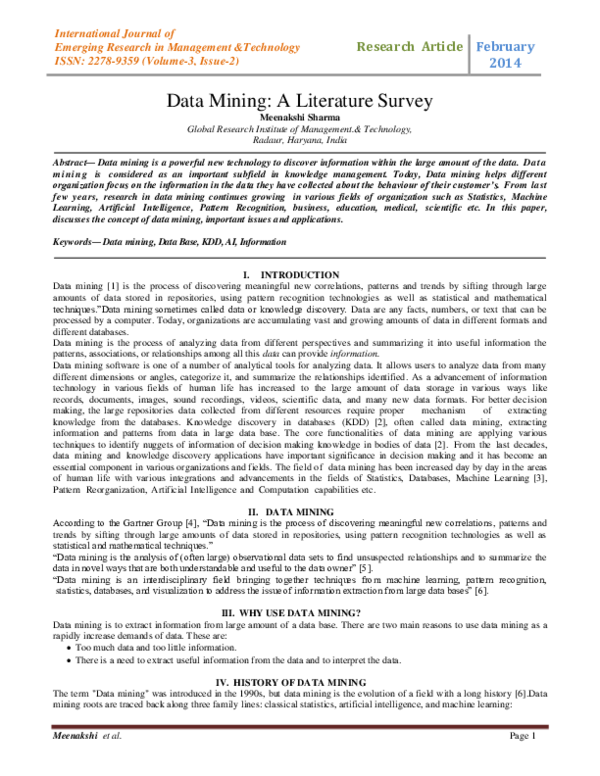 (PDF) Research Article February 2014 Data Mining: A Literature Survey