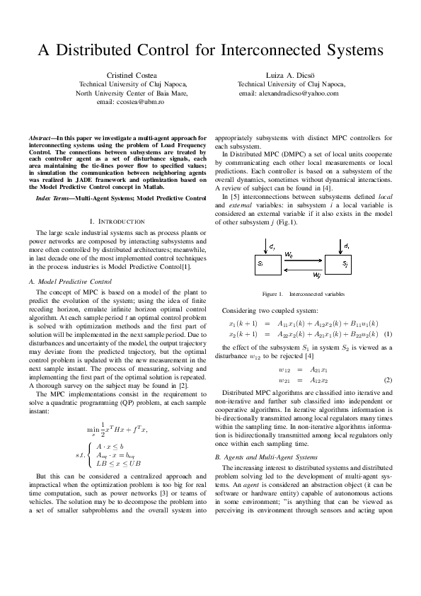 Pdf A Distributed Control For Interconnected Systems