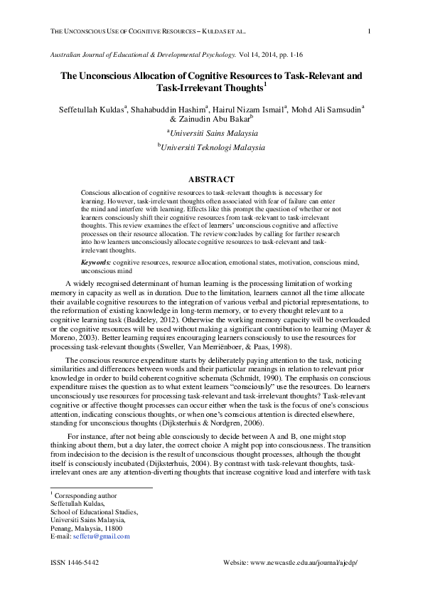 Pdf The Unconscious Allocation Of Cognitive Resources To Task Relevant And Task Irrelevant
