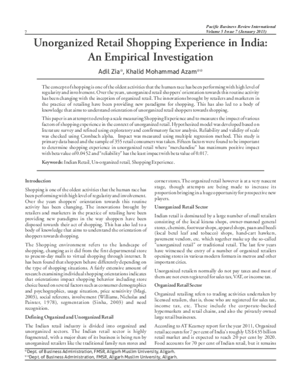 (PDF) Unorganized Retail Shopping Experience in India: An Empirical ...