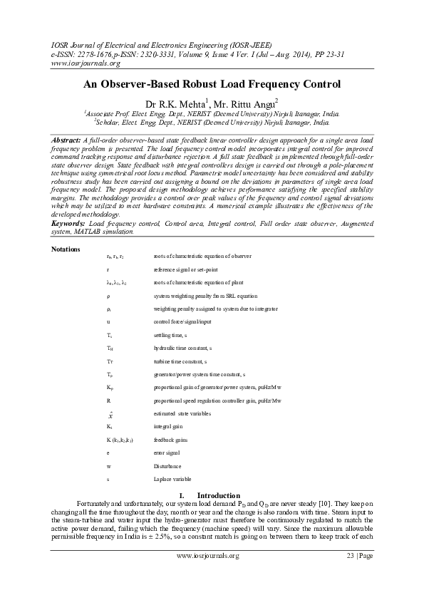 (PDF) An Observer-Based Robust Load Frequency Control