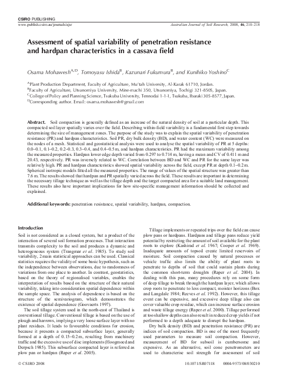 (PDF) Assessment of spatial variability of penetration resistance and hardpan characteristics in ...