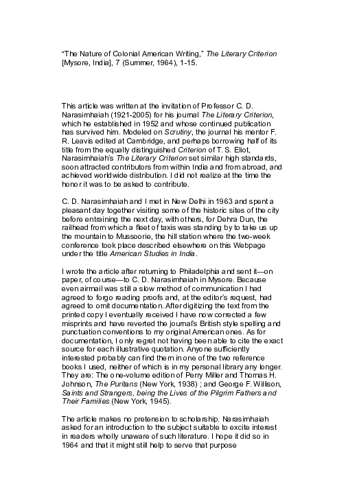 (DOC) The Nature of Colonial American Writing