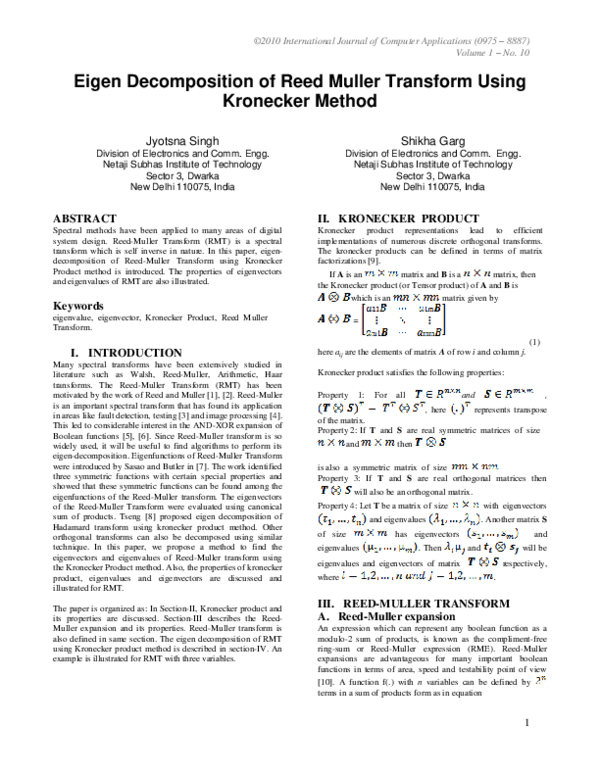 (PDF) Eigen Decomposition of Reed Muller Transform using Kronecker Method