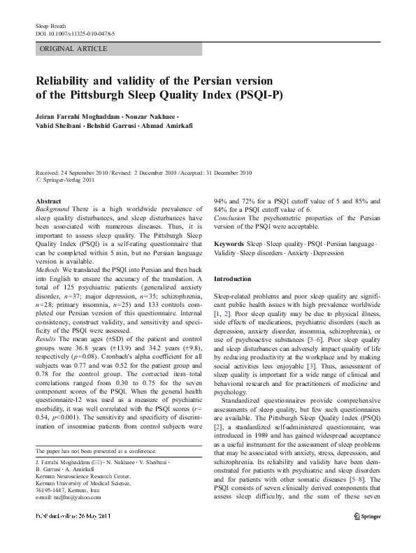 (PDF) Reliability and validity of the Persian version of the Pittsburgh ...