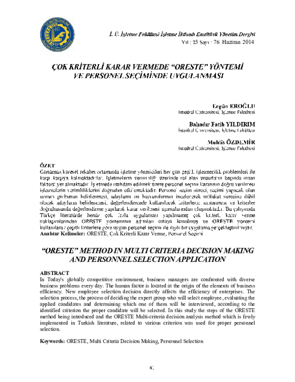 Pdf Oreste Method In Multi Criteria Decision Making And Personnel Selection Application