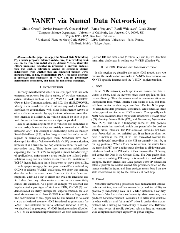 (PDF) VANET via Named Data Networking