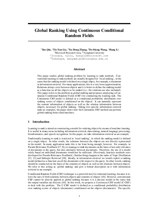 Pdf Global Ranking Using Continuous Conditional Random Fields Tao Qin