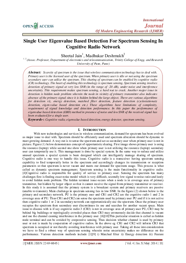 Pdf Single User Eigenvalue Based Detection For Spectrum Sensing In Cognitive Radio Network