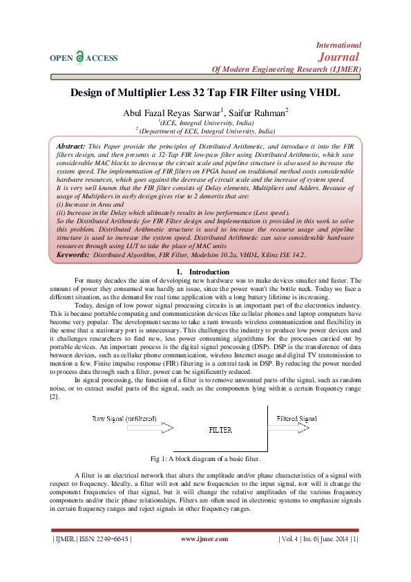 (PDF) Design of Multiplier Less 32 Tap FIR Filter using VHDL