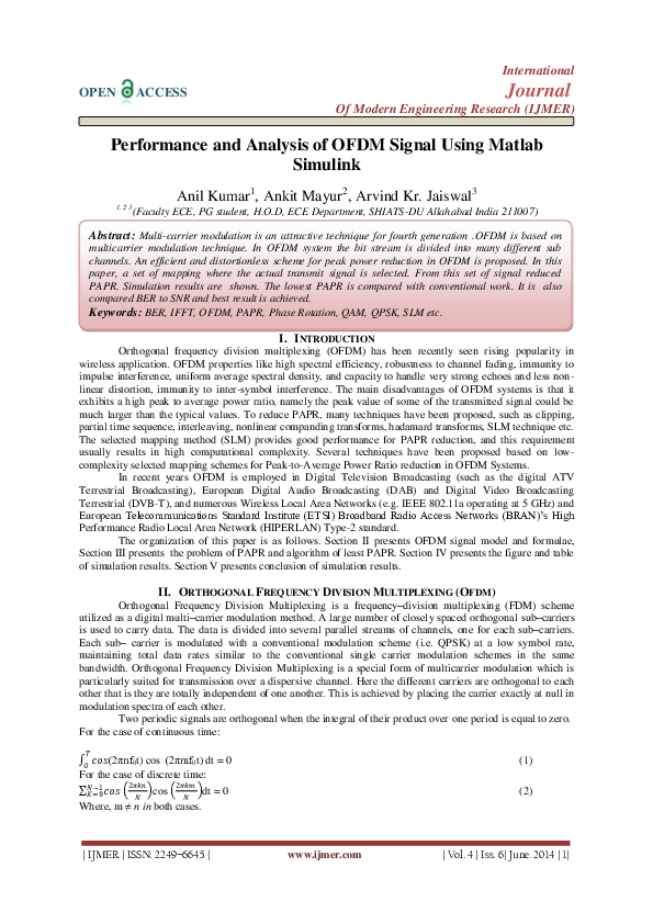 Pdf Performance And Analysis Of Ofdm Signal Using Matlab Simulink