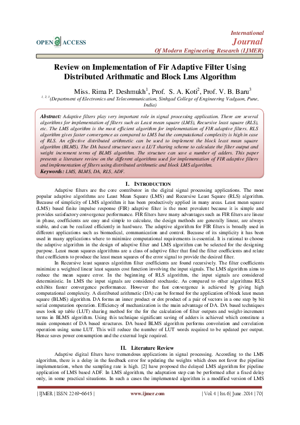 Pdf Review On Implementation Of Fir Adaptive Filter Using Distributed Arithmatic And Block Lms