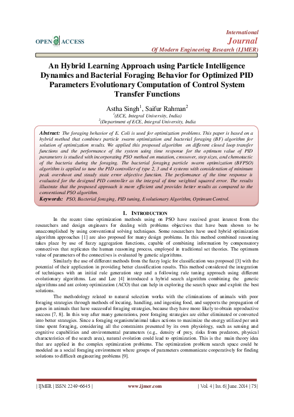 Pdf An Hybrid Learning Approach Using Particle Intelligence Dynamics And Bacterial Foraging