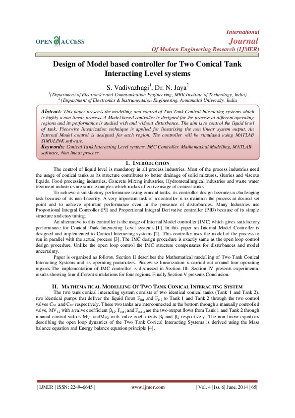 Pdf Design Of Model Based Controller For Two Conical Tank Interacting Level Systems