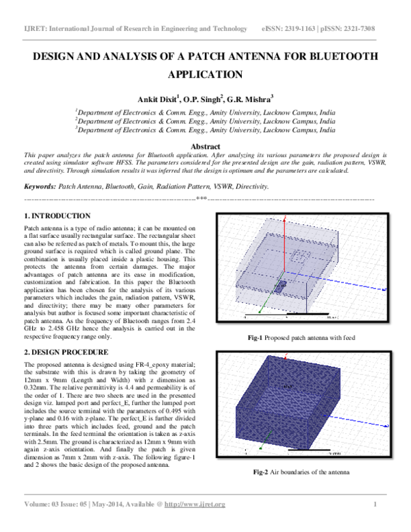 (PDF) DESIGN AND ANALYSIS OF A PATCH ANTENNA FOR BLUETOOTH APPLICATION