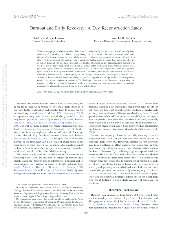 (PDF) Burnout and daily recovery: A day reconstruction study