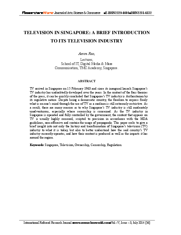 (PDF) TELEVISION IN SINGAPORE: A BRIEF INTRODUCTION TO ITS TELEVISION ...