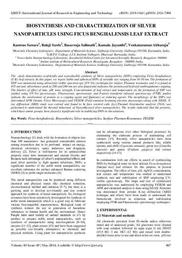 (PDF) BIOSYNTHESIS AND CHARACTERIZATION OF SILVER NANOPARTICLES USING FICUS BENGHALENSIS LEAF ...