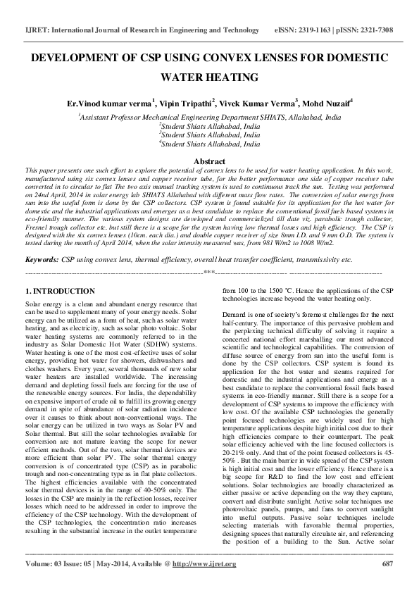 (PDF) DEVELOPMENT OF CSP USING CONVEX LENSES FOR DOMESTIC WATER HEATING
