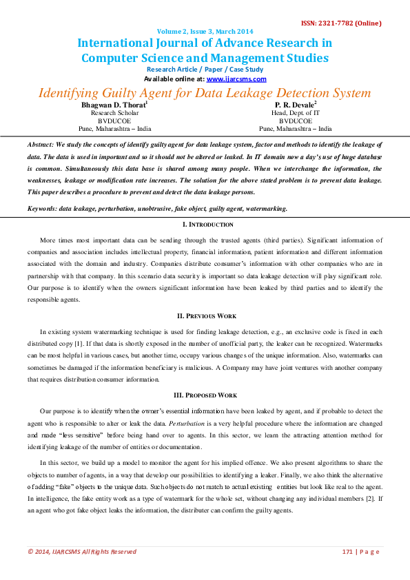 (PDF) Identifying Guilty Agent for Data Leakage Detection System