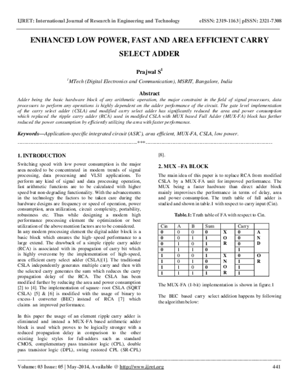 (PDF) ENHANCED LOW POWER, FAST AND AREA EFFICIENT CARRY SELECT ADDER