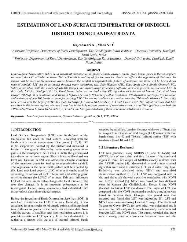 (PDF) ESTIMATION OF LAND SURFACE TEMPERATURE OF DINDIGUL DISTRICT USING ...