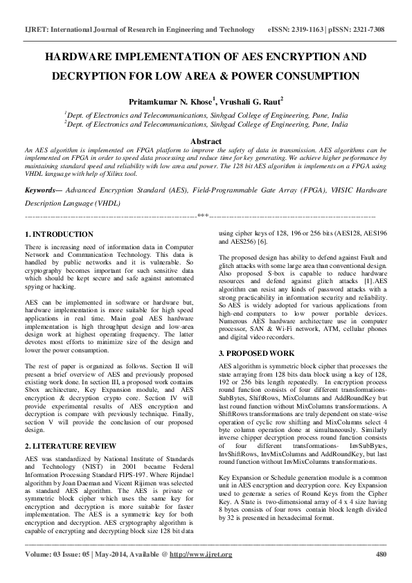 (PDF) HARDWARE IMPLEMENTATION OF AES ENCRYPTION AND DECRYPTION FOR LOW AREA & POWER CONSUMPTION