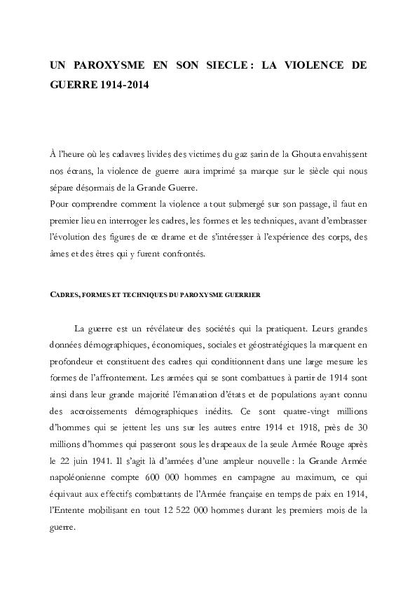 (PDF) Un paroxysme en son siècle. La violence de guerre 1914-2014