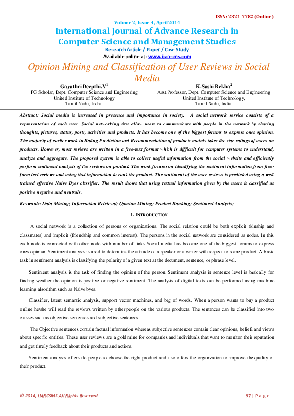 Pdf Opinion Mining And Classification Of User Reviews In Social Media