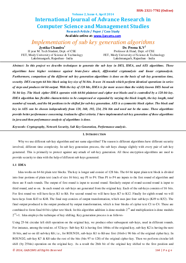 Pdf Implementation Of Sub Key Generation Algorithms