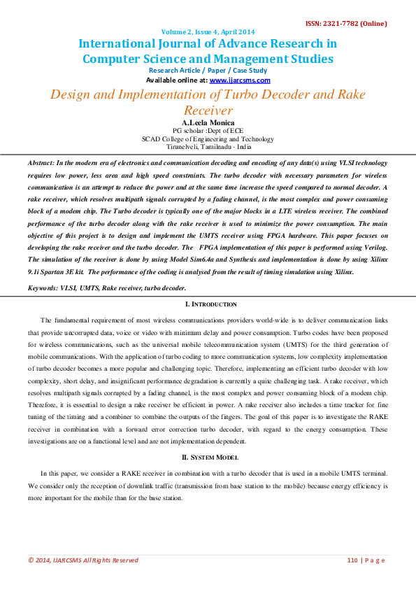 Pdf Design And Implementation Of Turbo Decoder And Rake Receiver