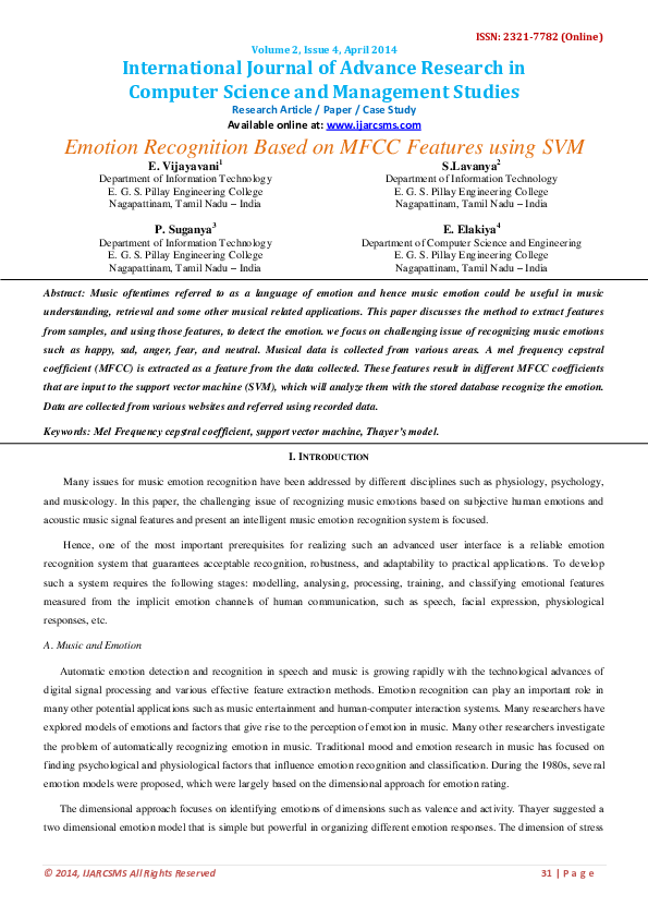 Pdf Emotion Recognition Based On Mfcc Features Using Svm