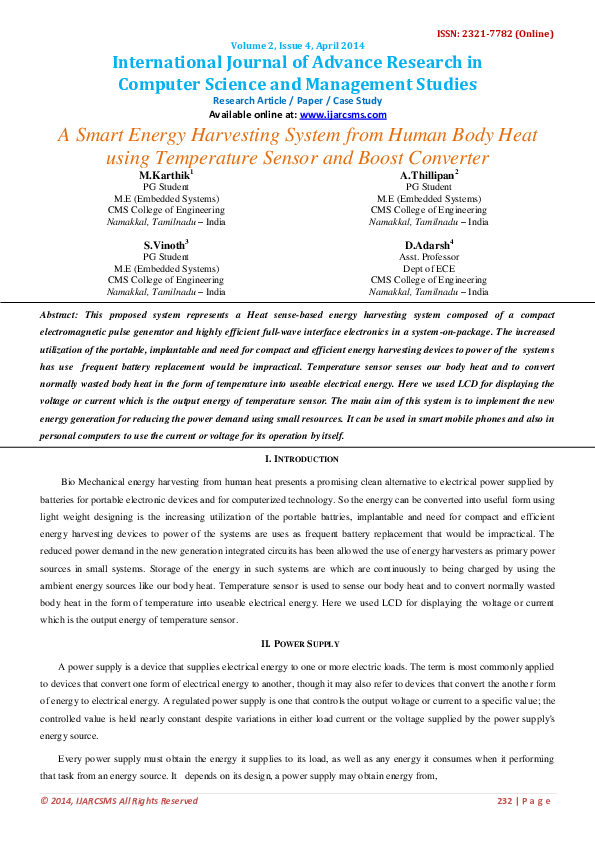 (PDF) A Smart Energy Harvesting System from Human Body Heat using ...